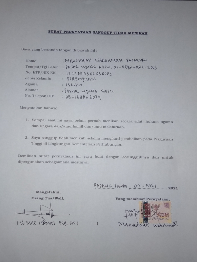 Surat Pernyataan Sanggup TDK Menikah | PDF