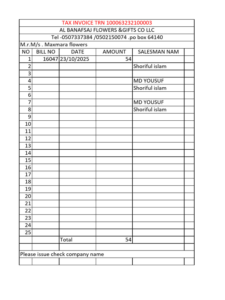 Tax Invoice for Al Banafsaj Flowers | PDF