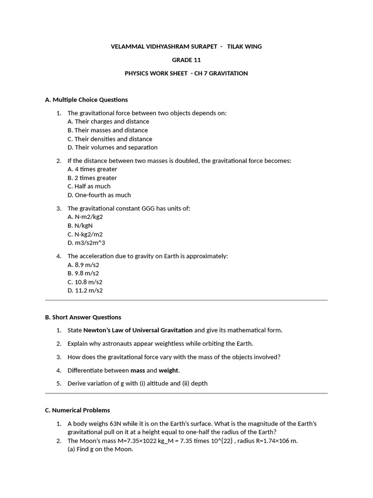 Grade 11 Physics: Gravitation Worksheet | PDF