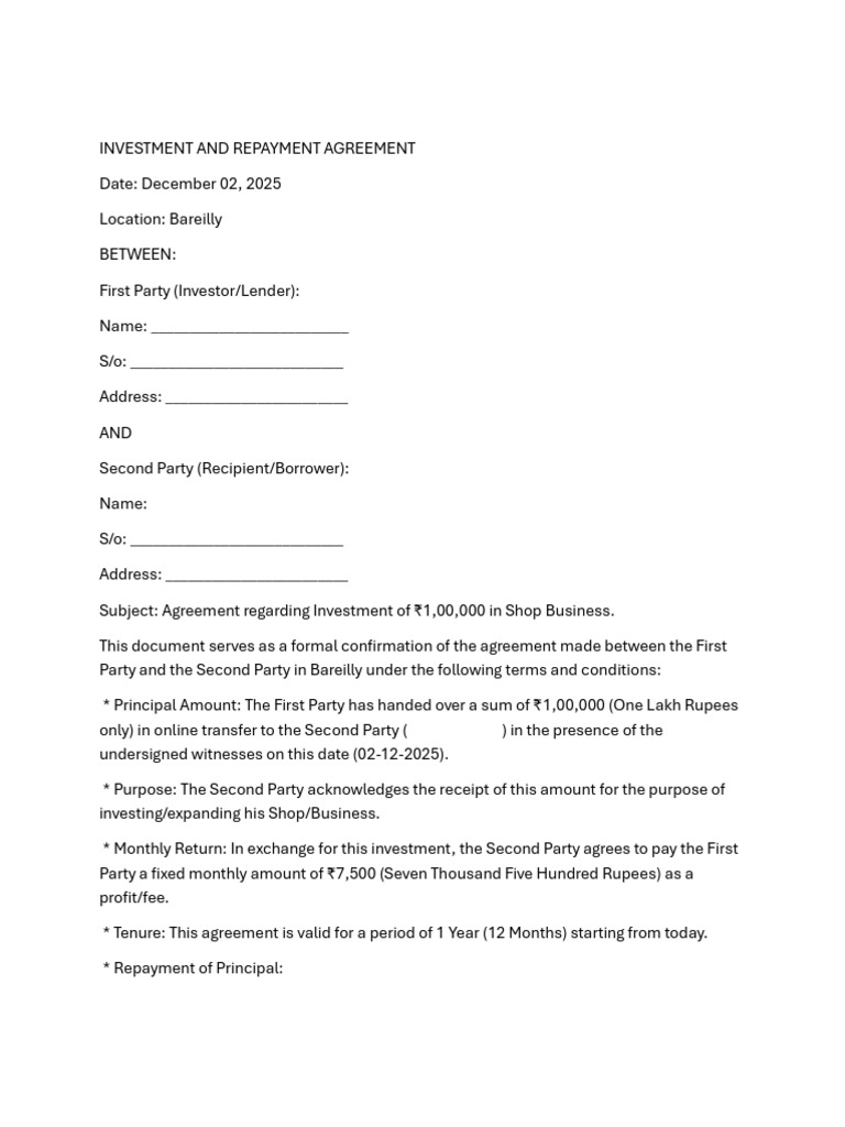 Investment Agreement for Shop Business | PDF
