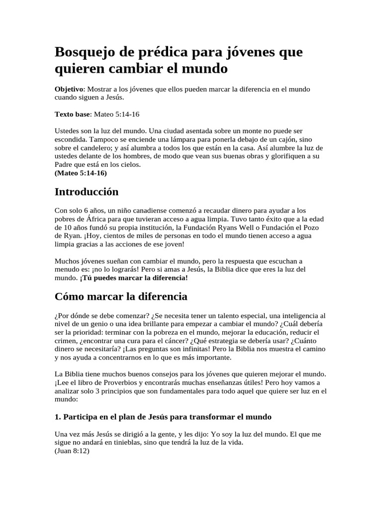 Bosquejo de Prédica Para Jóvenes Que Quieren Cambiar El Mundo | PDF ...