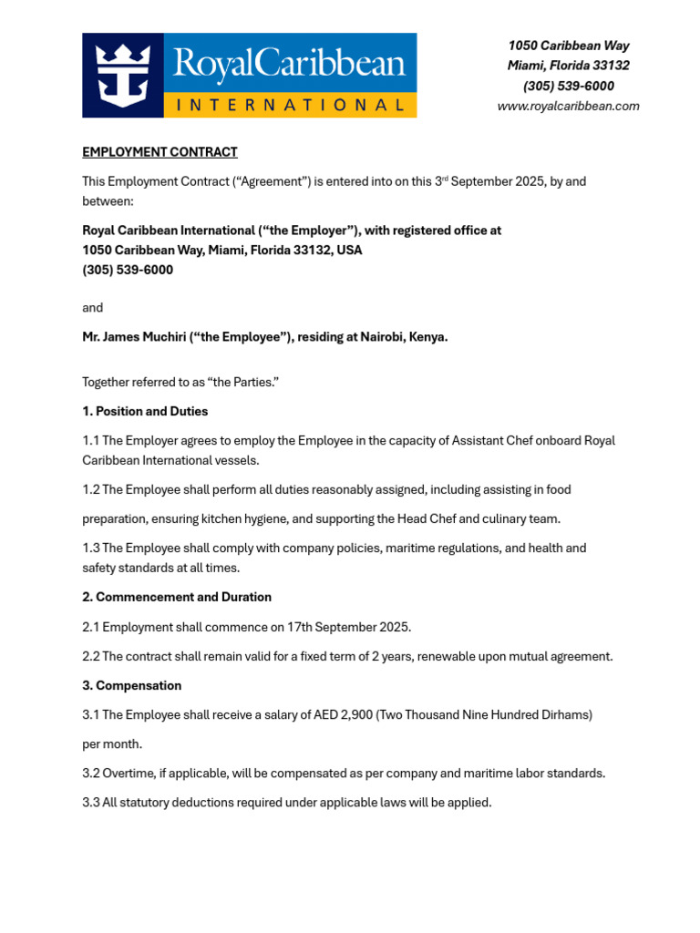 Employment Contract for Assistant Chef | PDF | Employment | Business