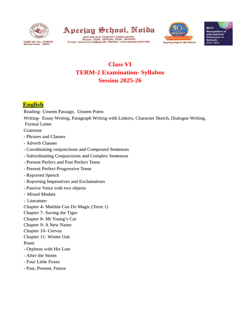 Class VI - Term 2 Syllabus | PDF | Sentence (Linguistics) | Linguistics