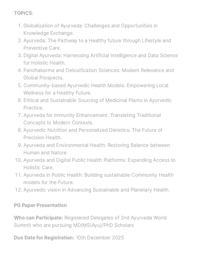 Ayurveda World Summit Paper Topics | PDF