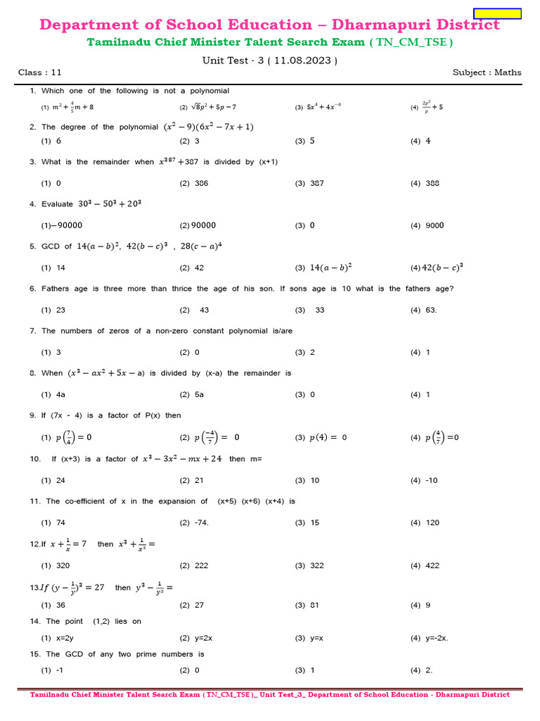 TN CMTSE_Unit Test 3_ Question Paper EM | PDF