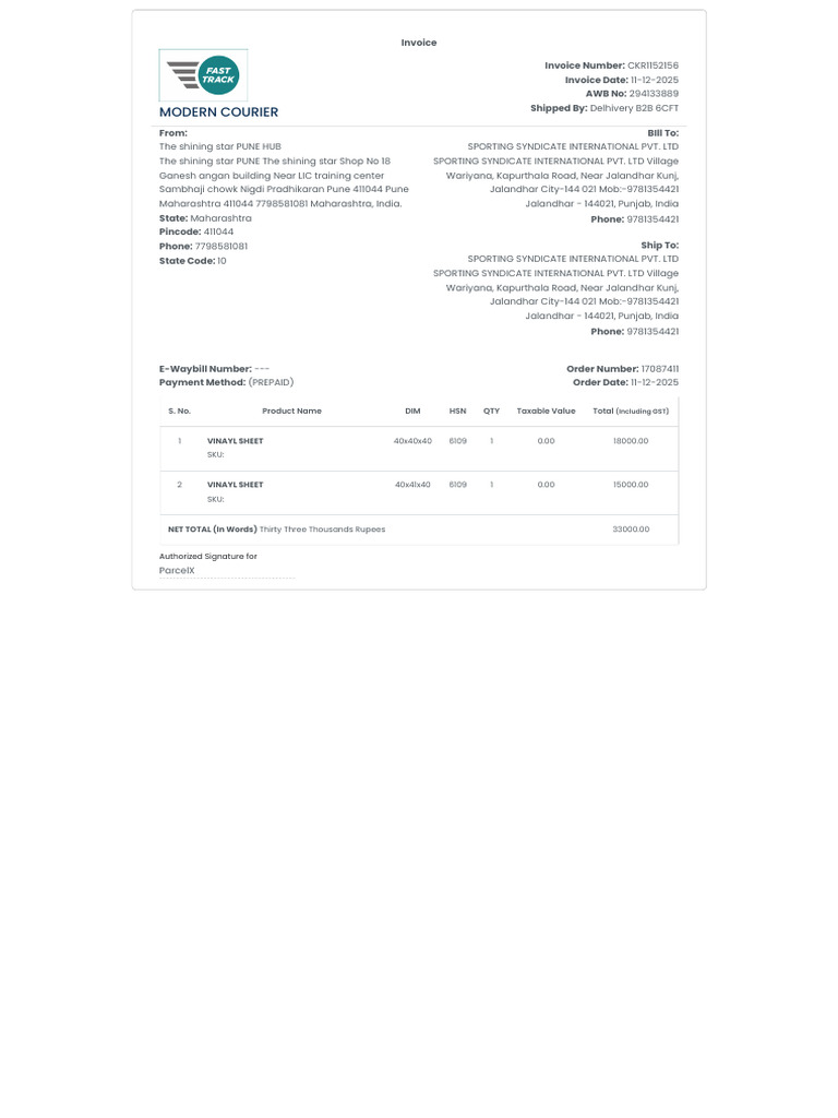 Modern Courier Invoice CKR1152156 | PDF | Payments