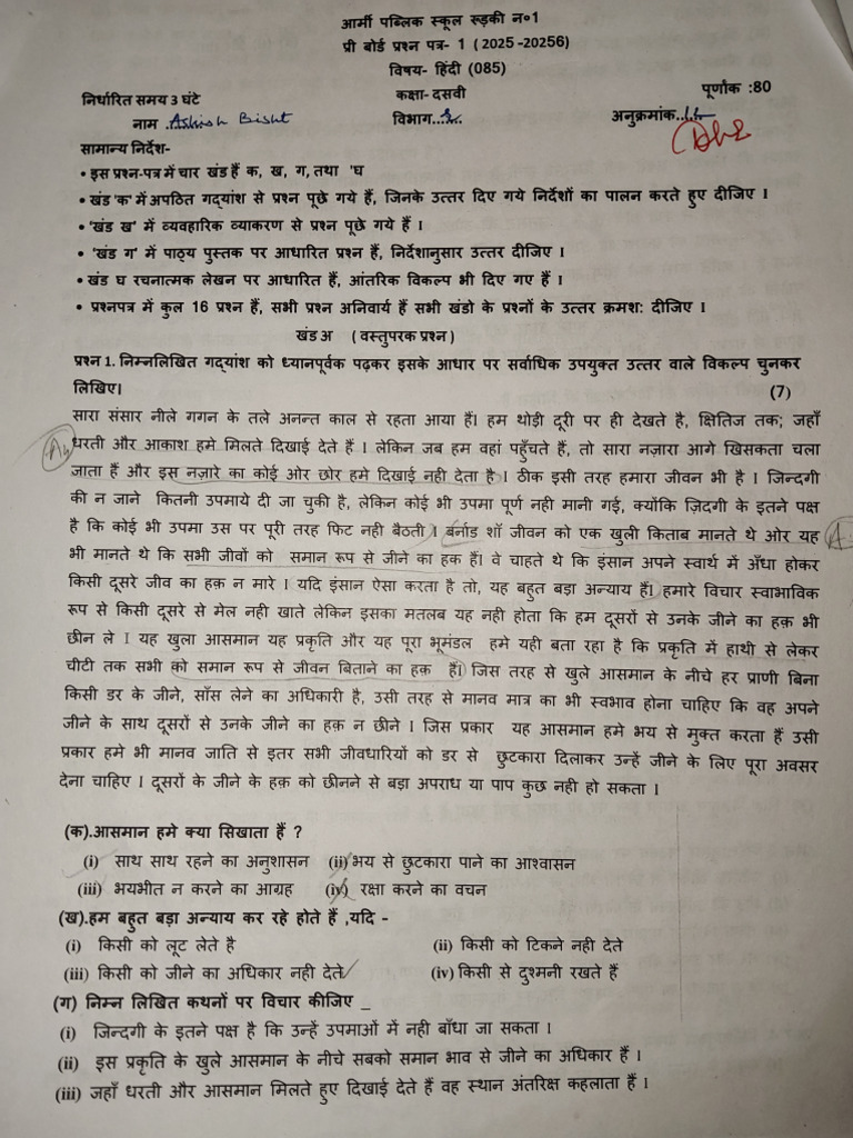 Pre-Board Hindi Set A | PDF