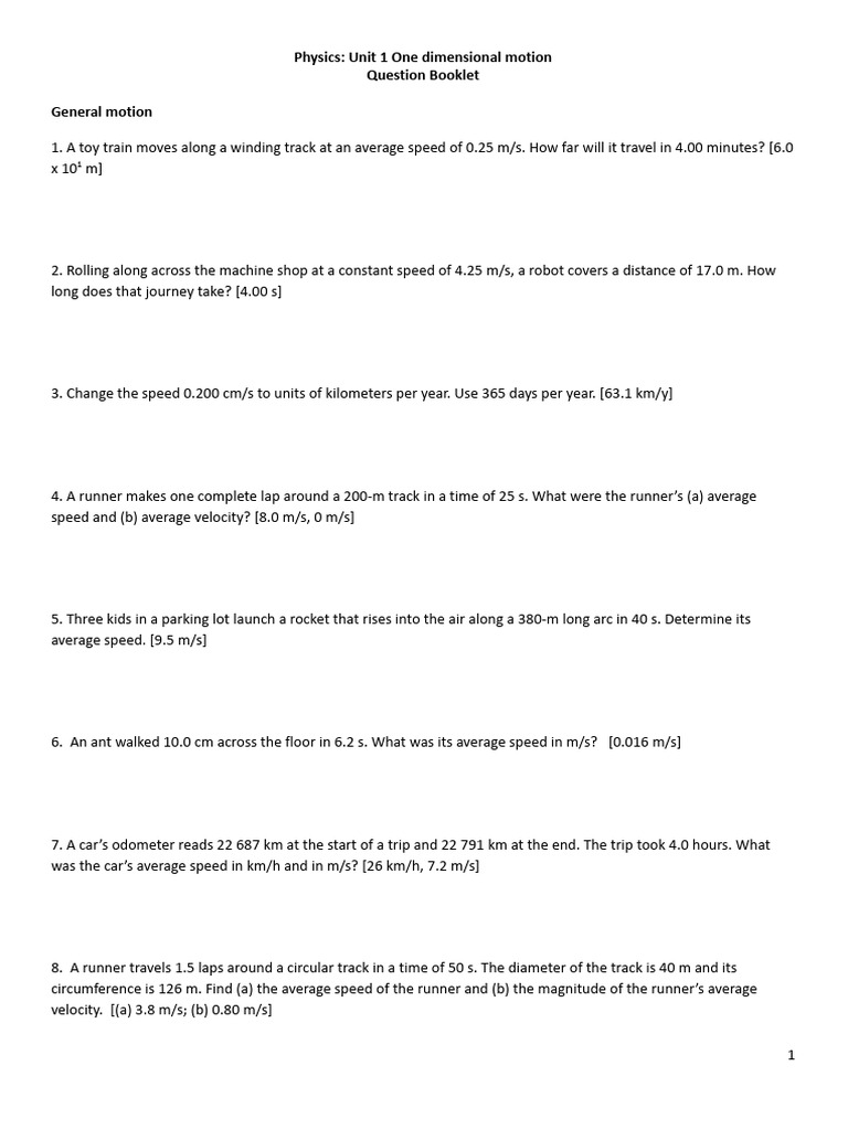 One-Dimensional Motion Physics Questions | PDF | Acceleration | Speed