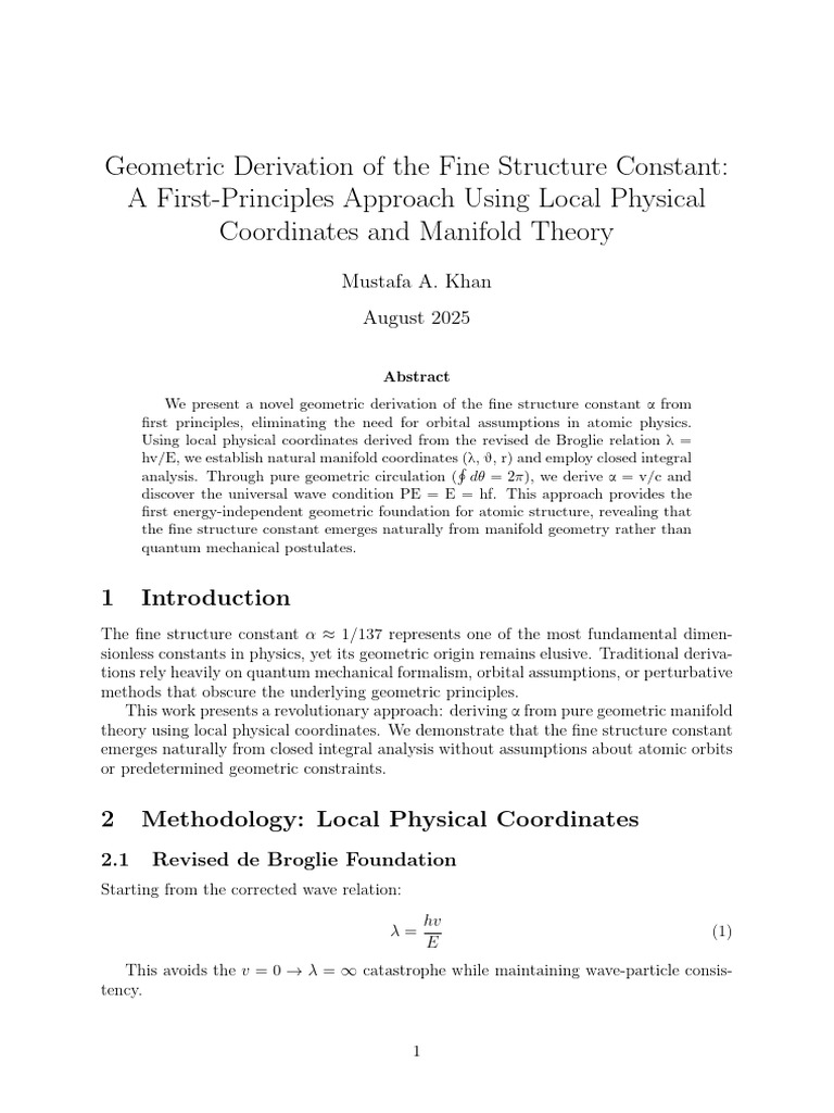 Geometric Derivation of The Fine Structure Constant A First Principles ...