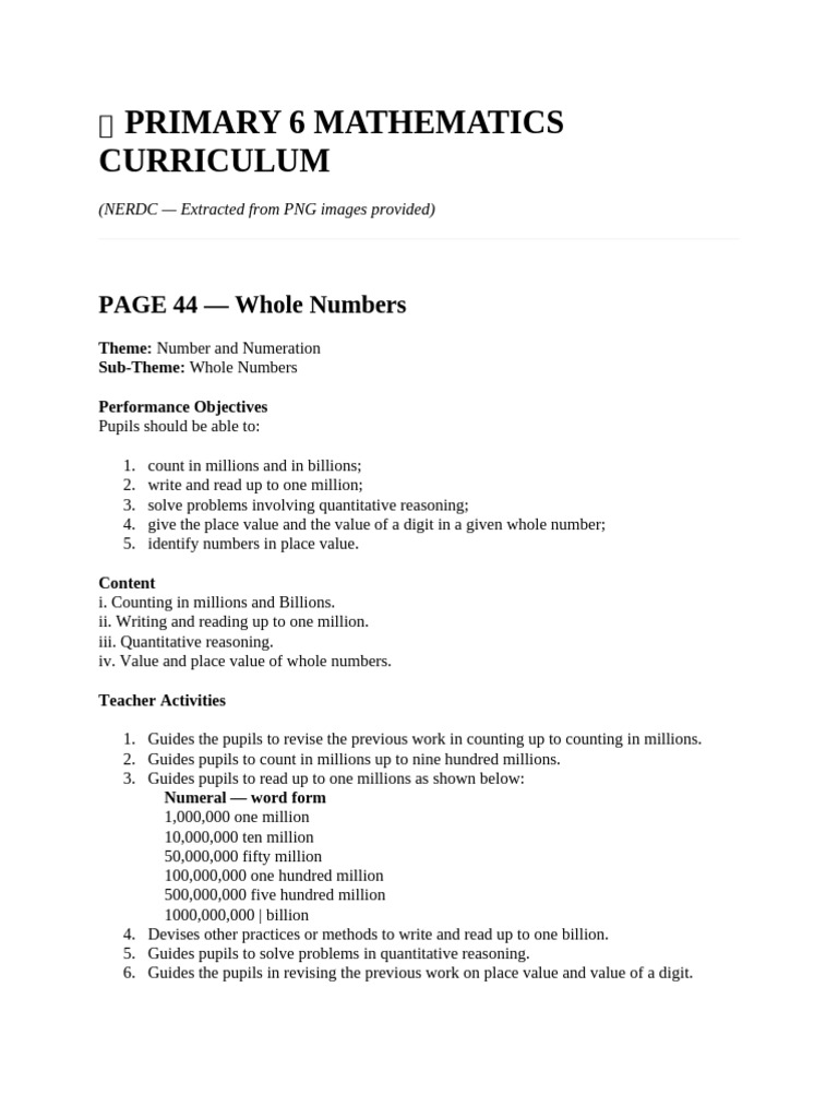 Primary 6 Whole Numbers Curriculum | PDF | Area | Percentage