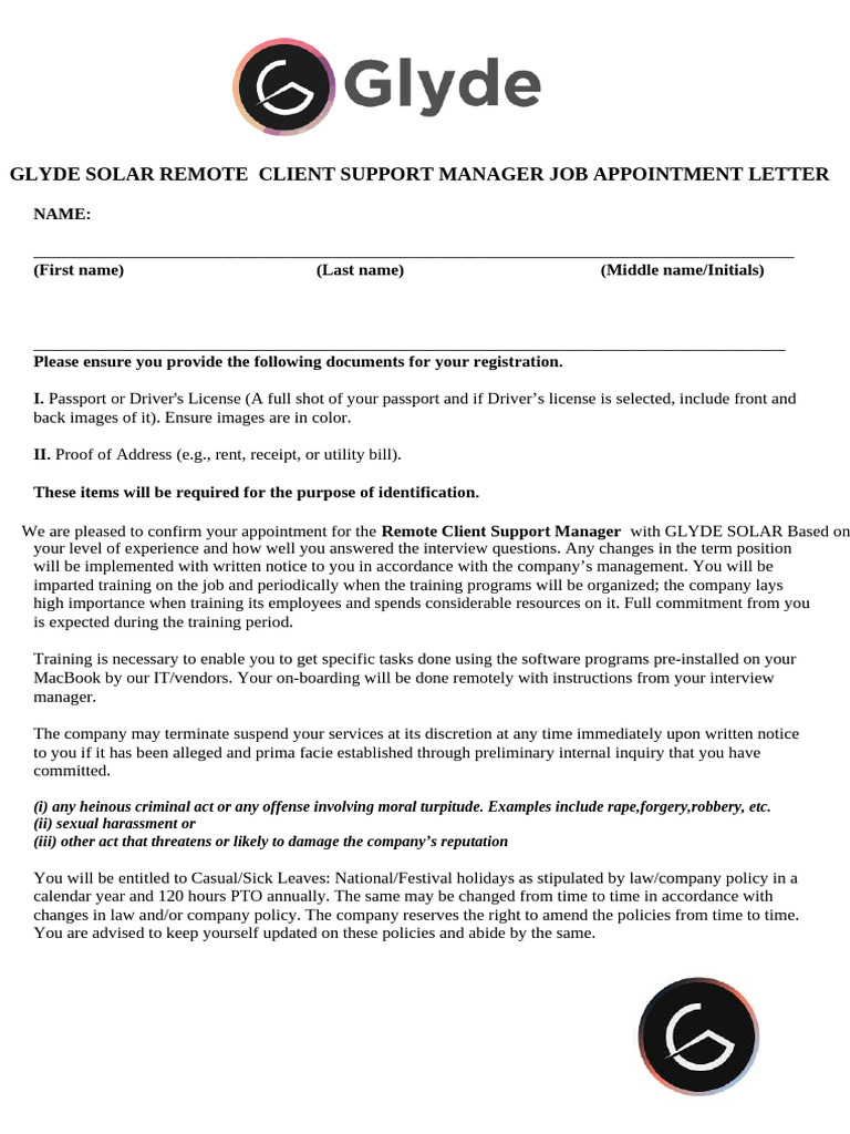 Glyde Solar Job Appointment Letter | PDF | Employment | Confidentiality