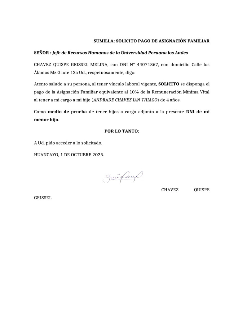 Solicitud Asignacion Familiar - Lic Chavez Quispe Grissel -- Hijo ...