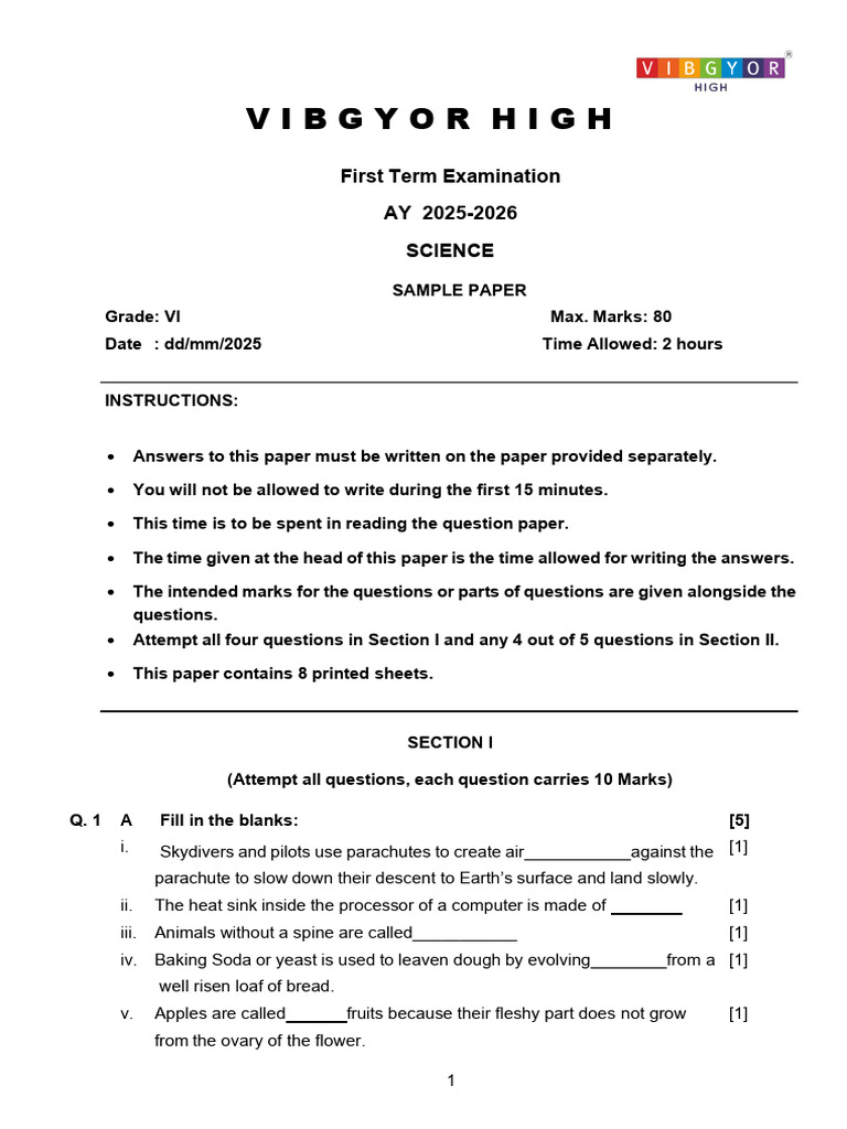 Grade VI Science Exam Sample Paper | PDF | Leaf | Plants