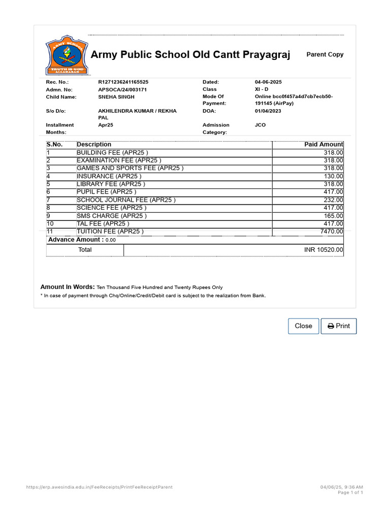 Fee Receipt for Army Public School | PDF