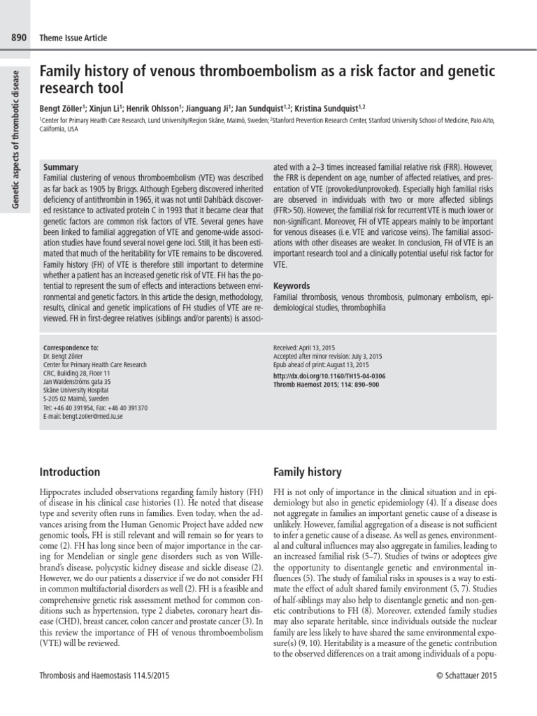 Family History of Venous Thromboembolism As A Risk Factor and Genetic ...