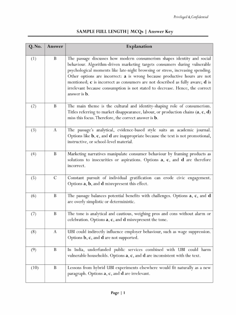 Full Length l Sample l Answer Key | PDF