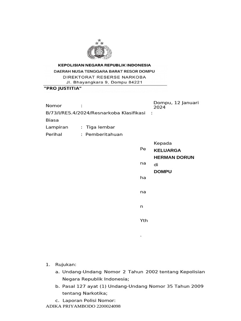 66. Surat Pemberitahuan Penahanan Tersangka Herman Dorun | PDF