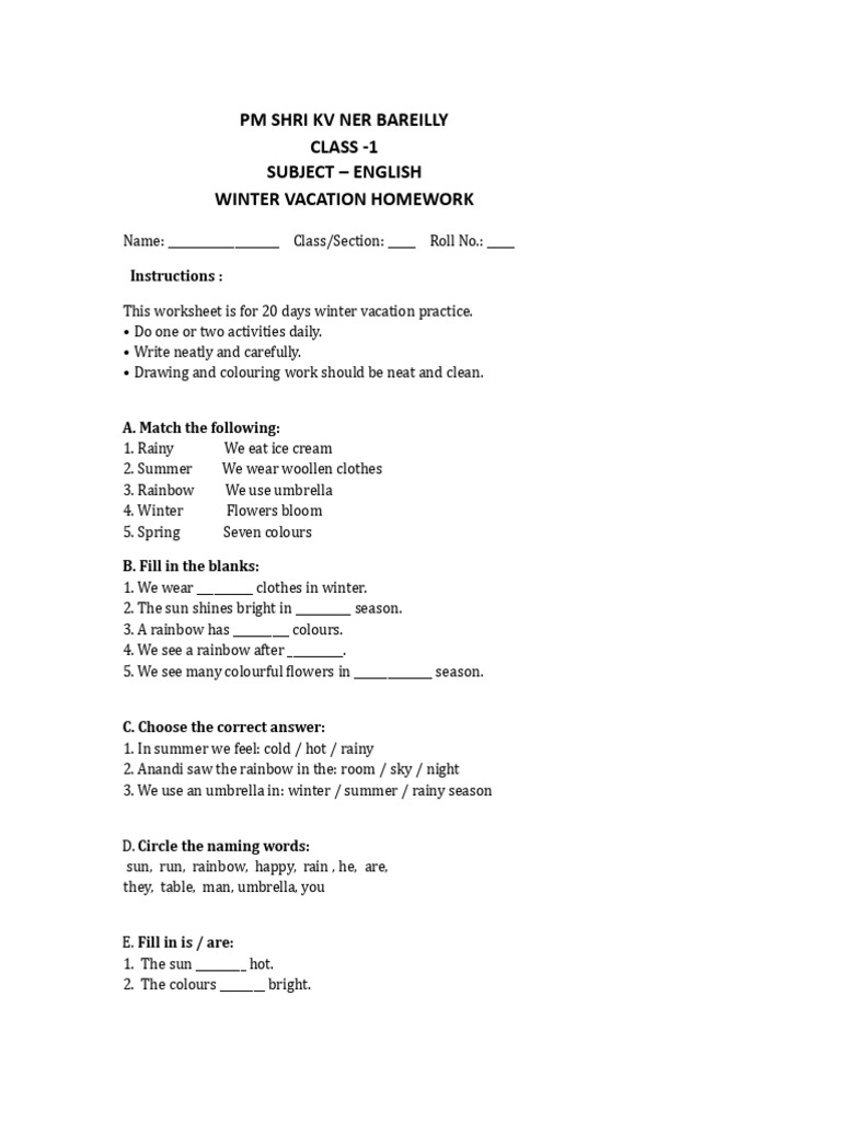 Winter Vacation English Homework for Class 1 | PDF