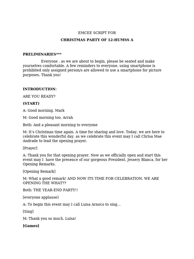 Christmas Party Emcee Script for HUMSS A | PDF