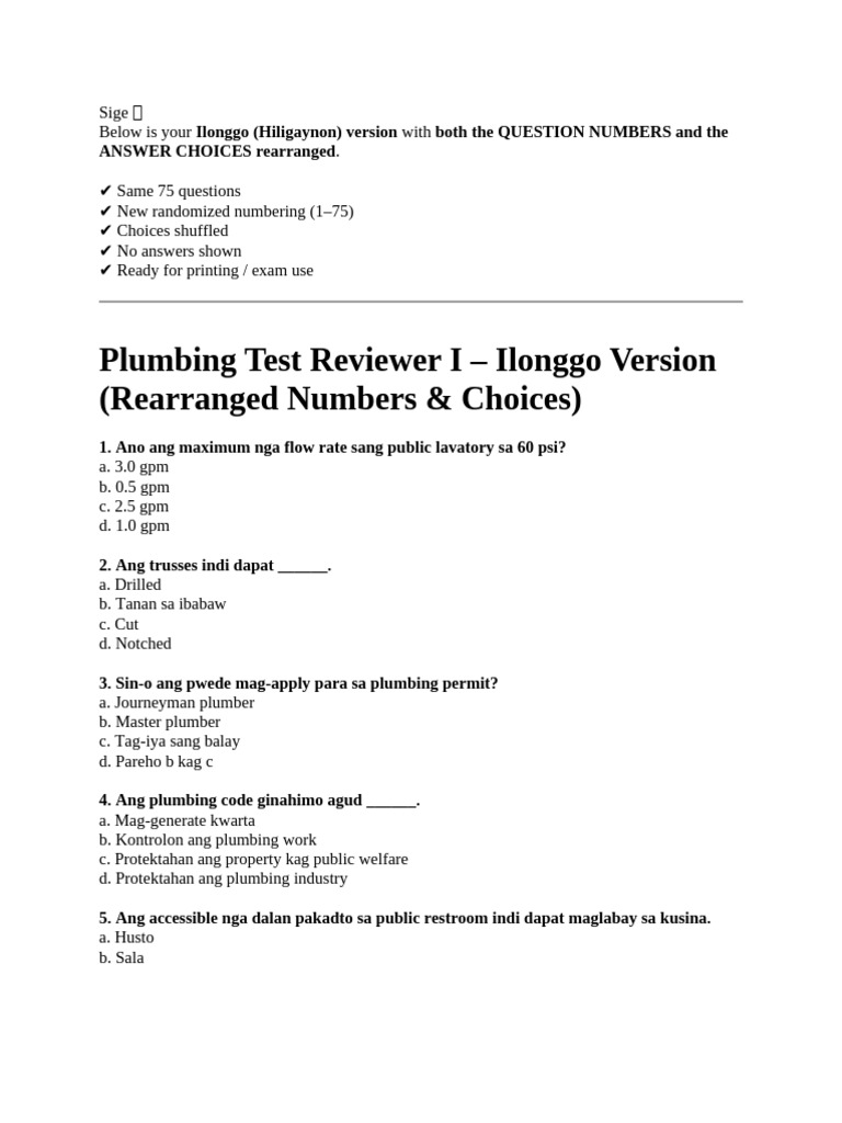 Plumbing Test 1.1 Hligaynon | PDF
