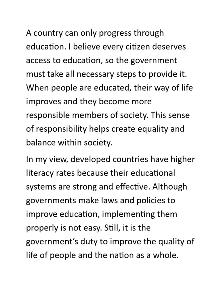 A Country Can Only Progress Through Education | PDF | Literacy | Learning