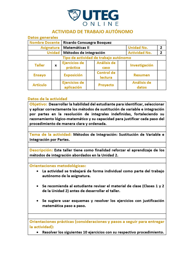 Angie Intriago- Matemáticas II-Taller2 | PDF | Integral | Aprendizaje
