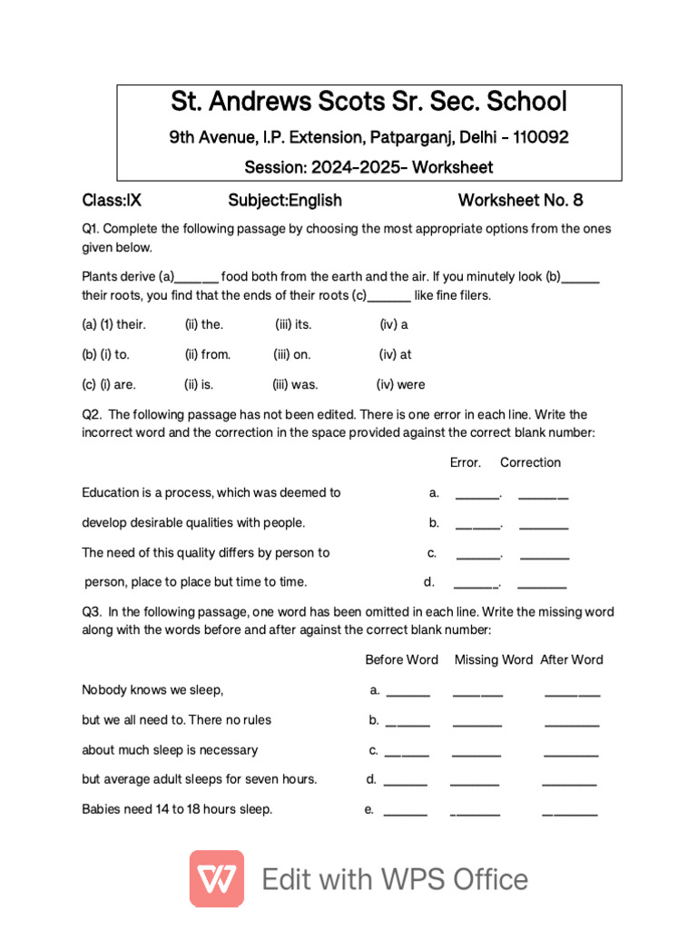 Class IX, English Worksheet - 8 | PDF