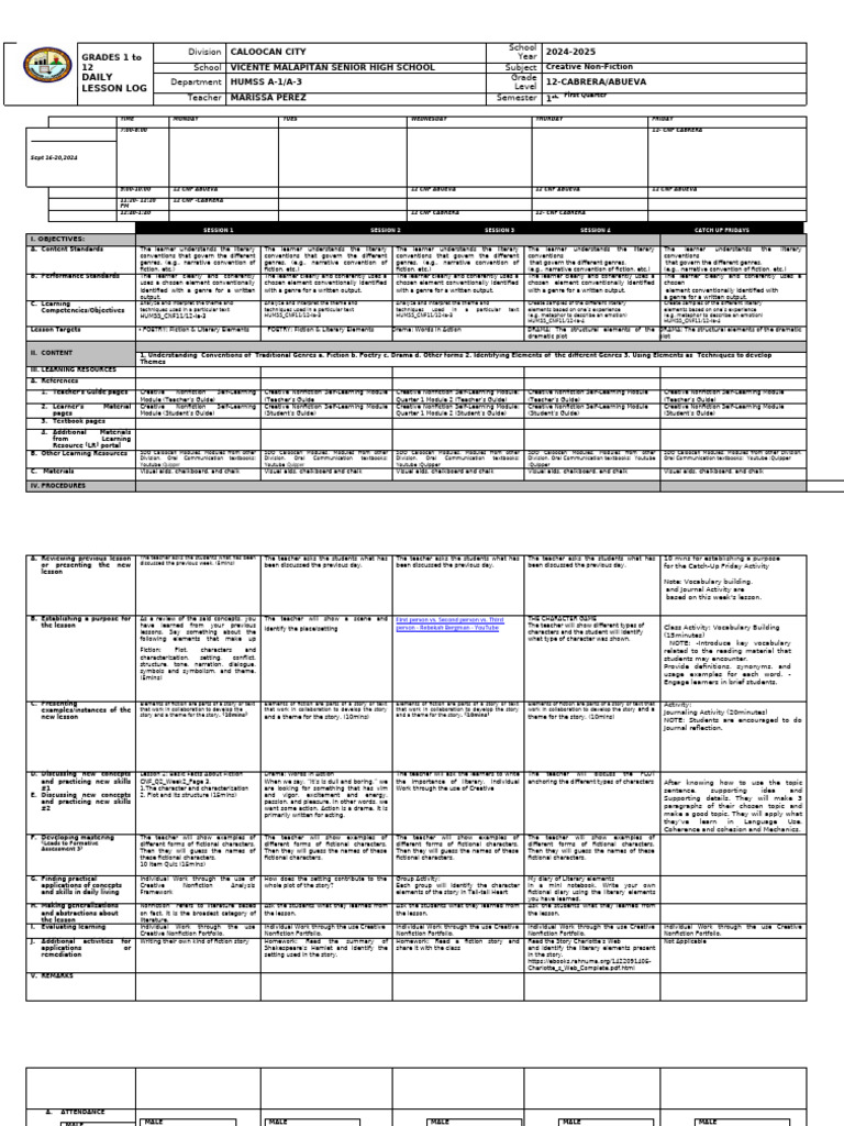 Grade 12 Creative Non-Fiction Lesson Plan | PDF | Genre | Creative ...