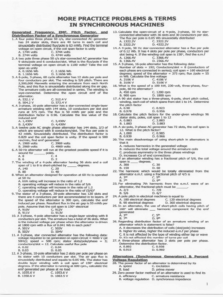 Synchronous Machines Practice Problems With Answers | PDF