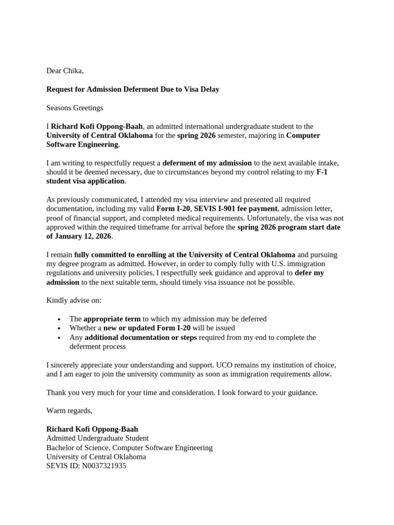 Admission Deferment Request Due to Visa Delay | PDF