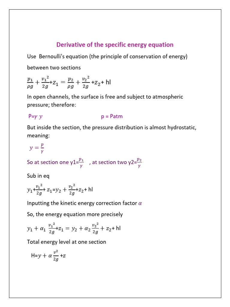 Specific Energy Equation | PDF