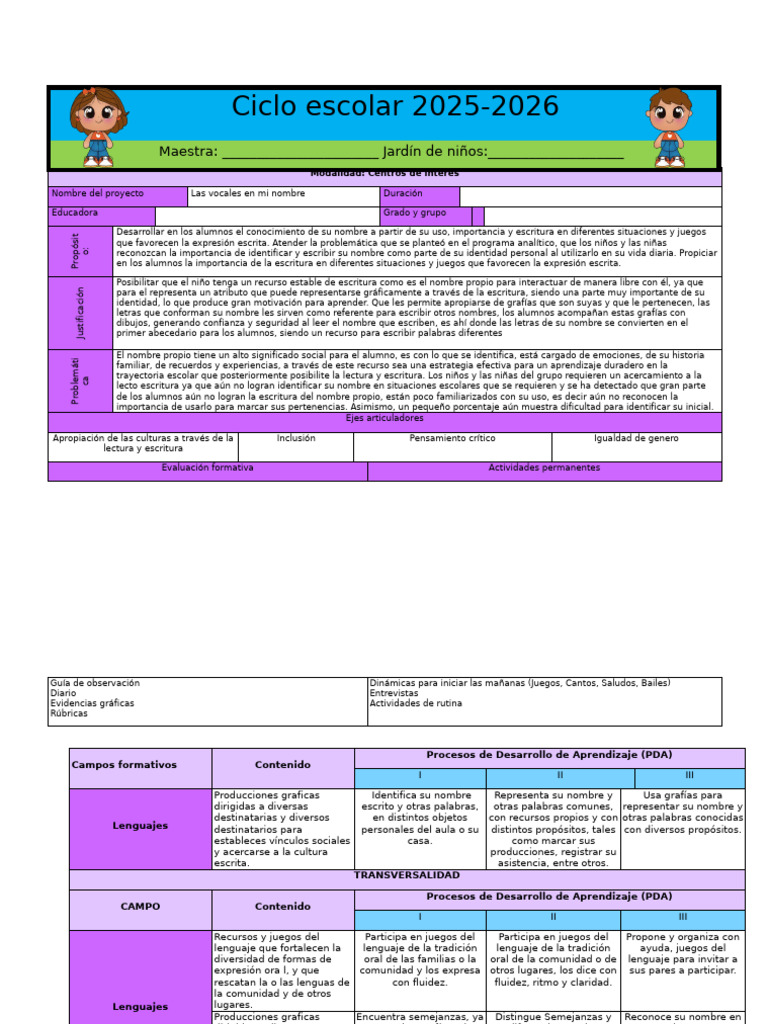 PROYECTO LAS VOCALES EN MI NOMBRE WORD | PDF | Aprendizaje | Póster
