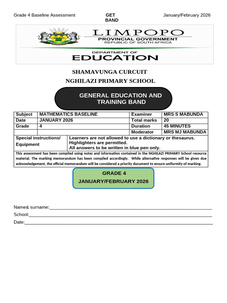Grade 4 Mathematics Baseline Assessment | PDF