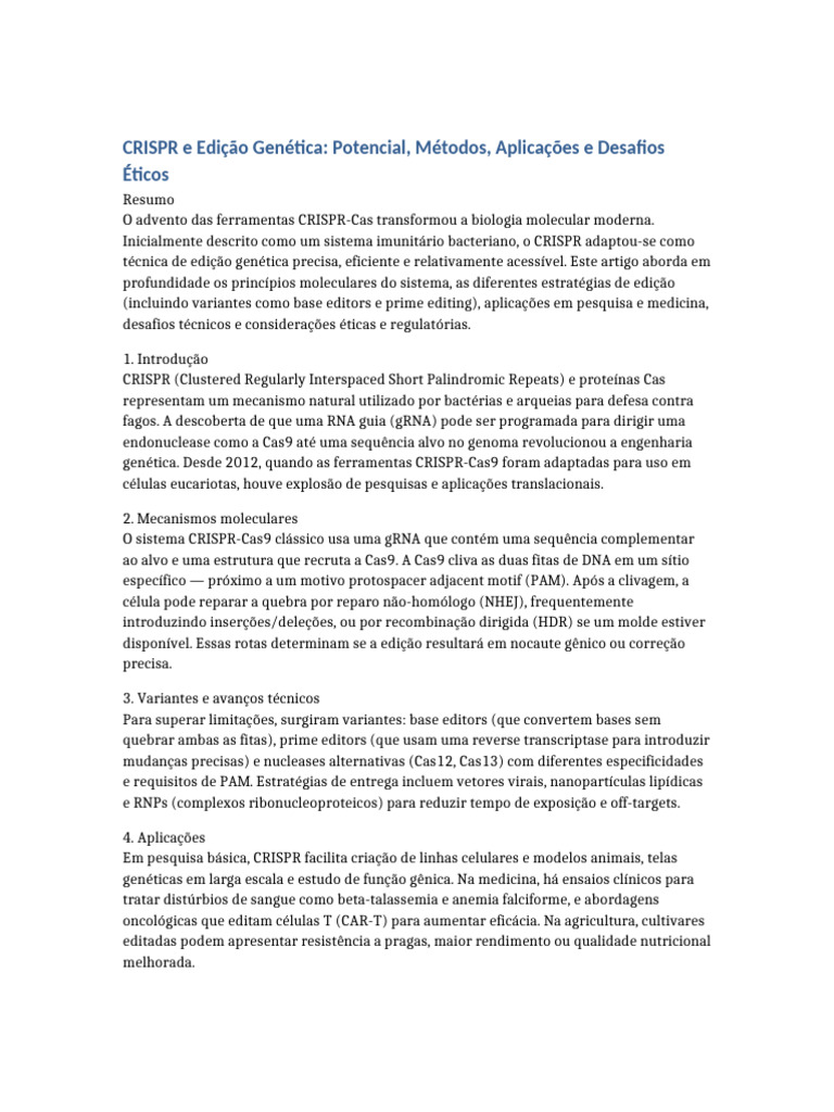 Artigo CRISPR Edicao Genetica Long | PDF | CRISPR | Biologia