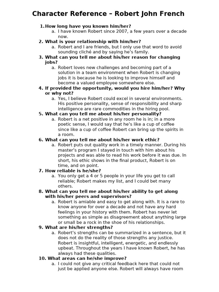Character Reference for Robert French | PDF