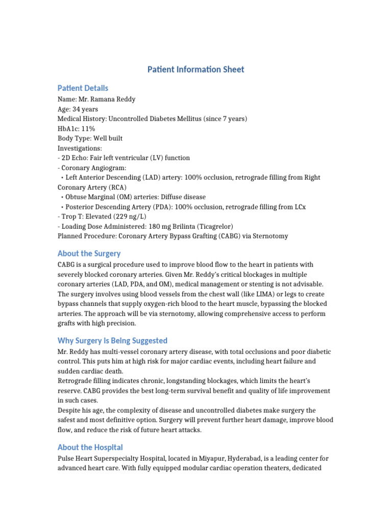 Patient Information Sheet Ramana Reddy | PDF | Coronary Artery Bypass ...