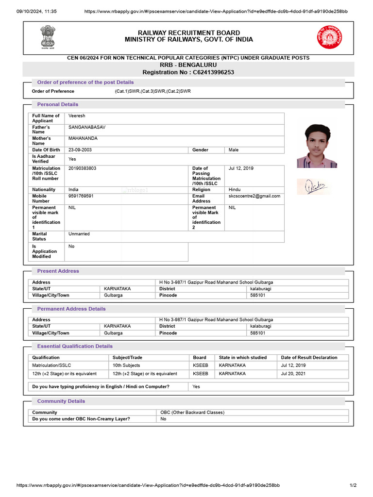 Veeresh Rrb Application | PDF