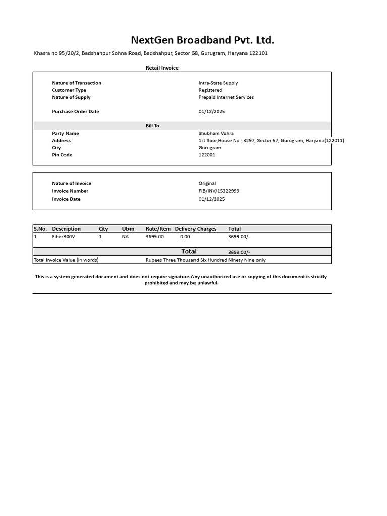 Retail Invoice for Prepaid Internet Services | PDF