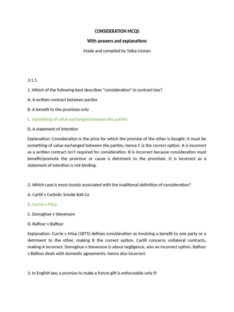 Consideration MCQs with Answers and Explanations | PDF | Consideration ...