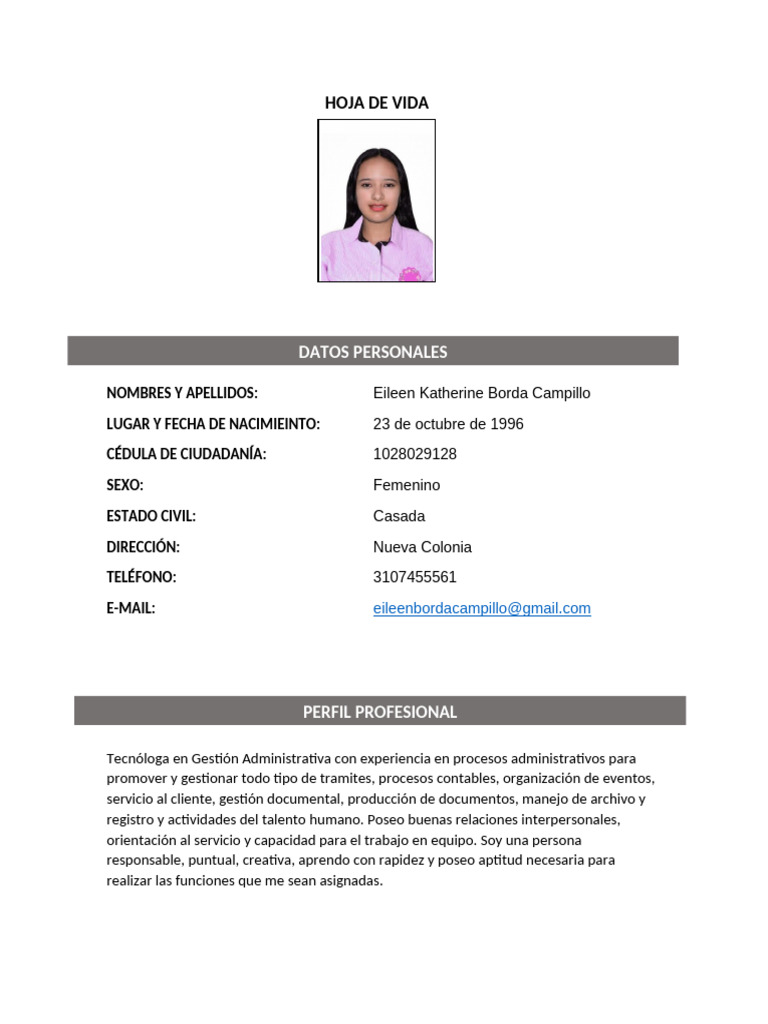 Hoja de Vida Eileen Katherine Borda Campillo 2 | PDF | Servicio al Cliente