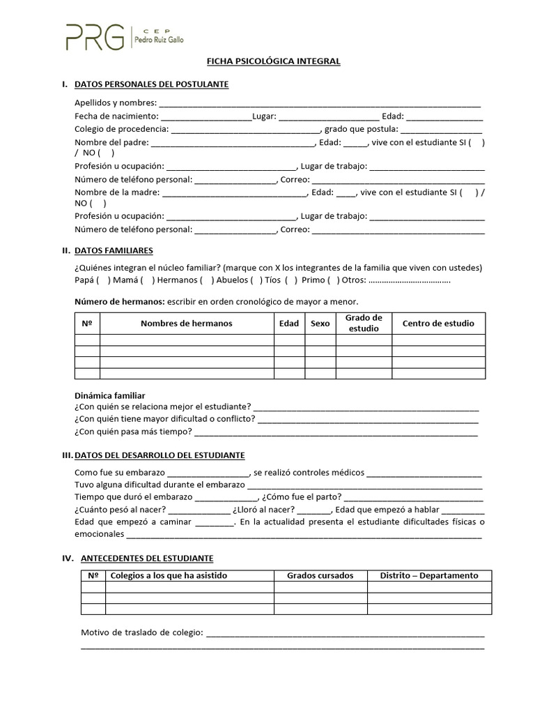 FORMATO 09 Ficha Psicológica Integral AE-2026 PRG | PDF | Salón de clases | Conceptos psicologicos