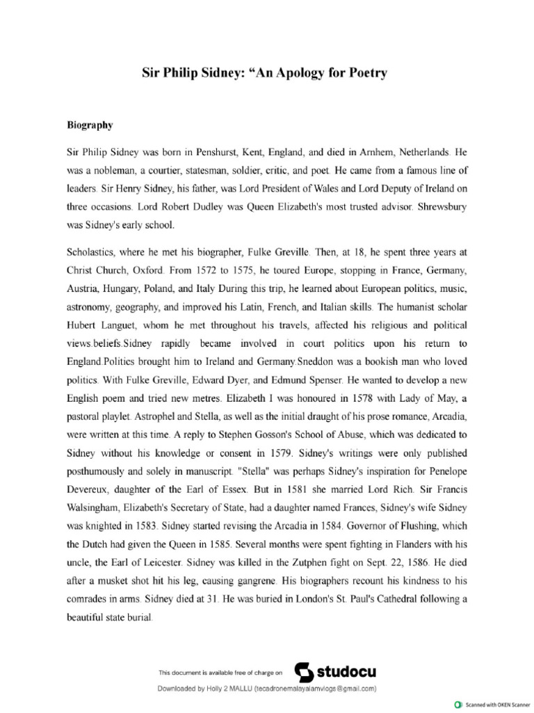 Sir Philip Sidney an Apology for Poetry | PDF