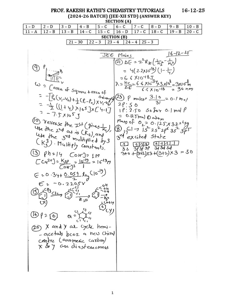 14 Xii Jee-mains Online Test 16-12-25 Answer Key | PDF