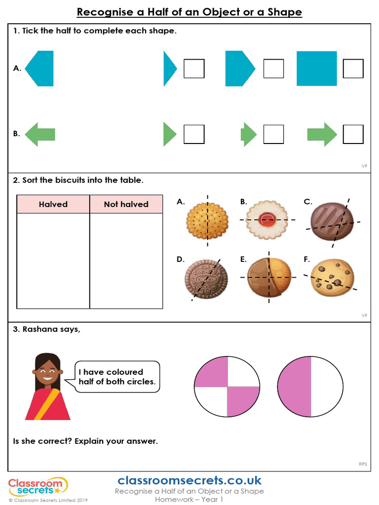 Recognizing Halves in Shapes: Year 1 Homework | PDF