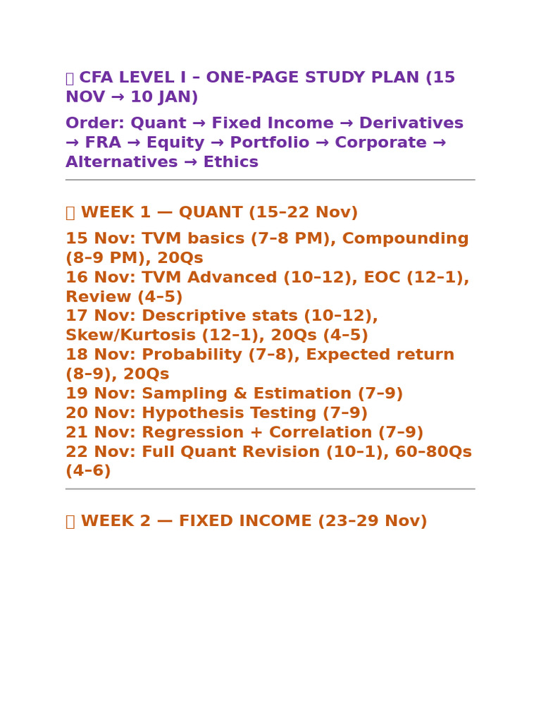 CFA Level I Study Plan: Nov-Jan Guide | PDF