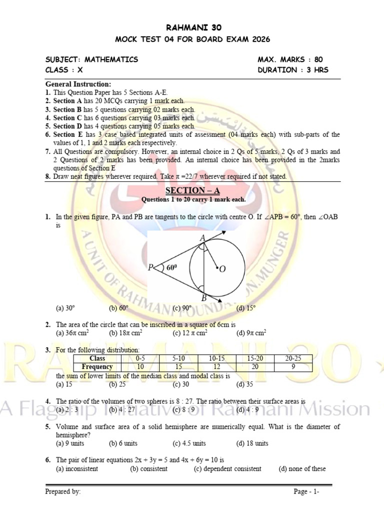 CBSE Class 10 Mathematics Sample Paper 2026 (Standard) MOCK 2 | PDF | Sphere | Circle