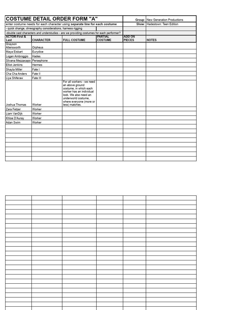 Original - Cast Detail Order Form - XLSX - Sheet1 | PDF