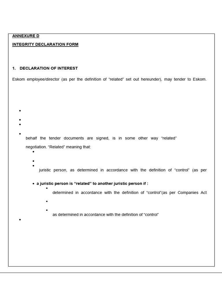 Eskom Tender Integrity Declaration Form | PDF | Business | Private Law