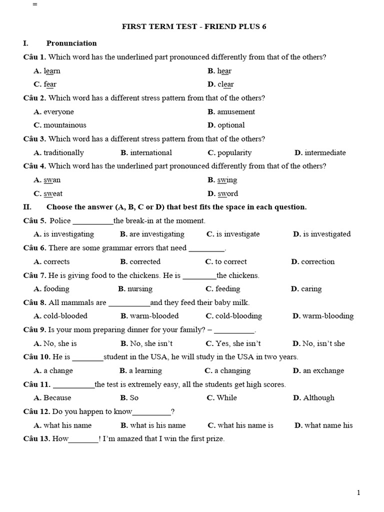 First Term Test for Friend Plus 6 | PDF | Giraffe