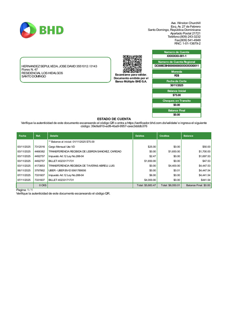 Estado de Cuenta BHD - Noviembre 2025 | PDF